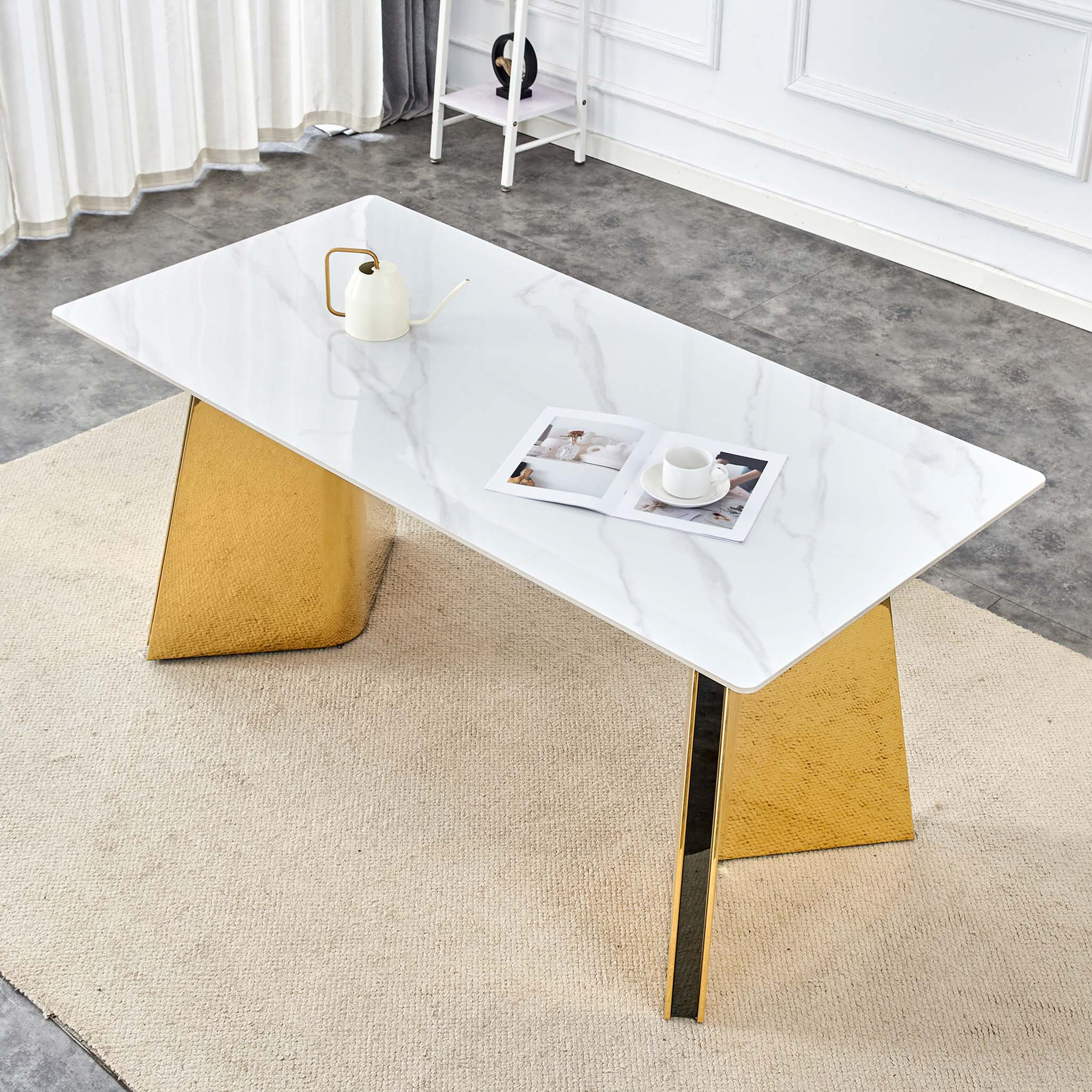 Mercer41 63"x31.5x30" Luxurious Snow Mountain Stone Slab Dining Table with Golden Stainless ...